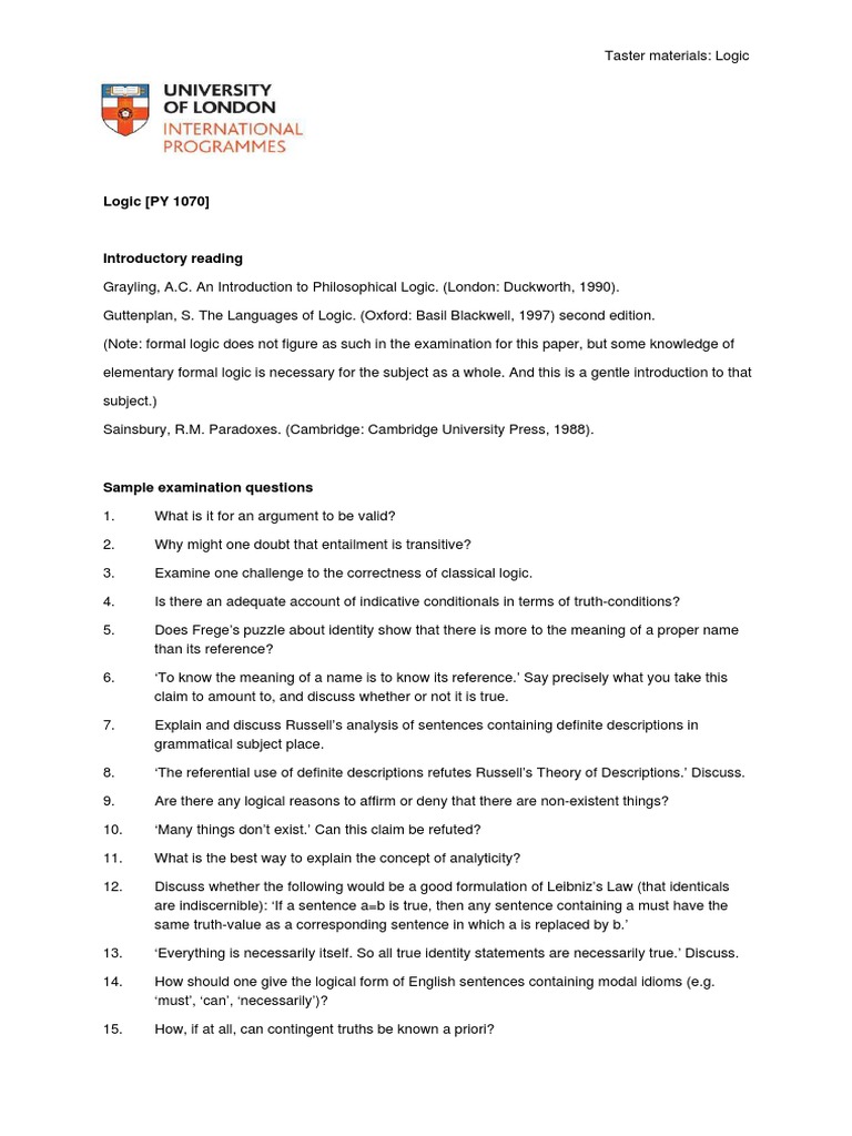 Intro to Philosophical Logic Exam Guide | PDF | Logic | Modal Logic