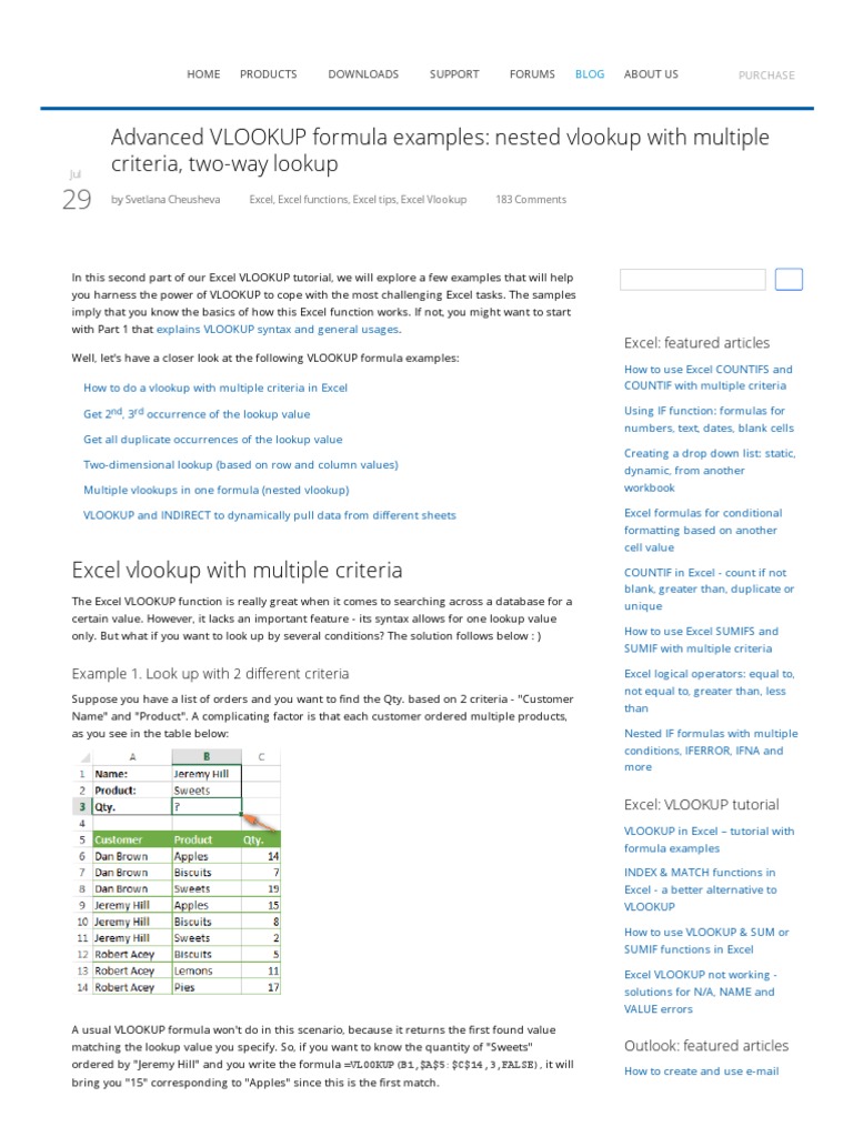 VLOOKUP Formula Examples - Nested Vlookup With Multiple Criteria, 2-Way ...