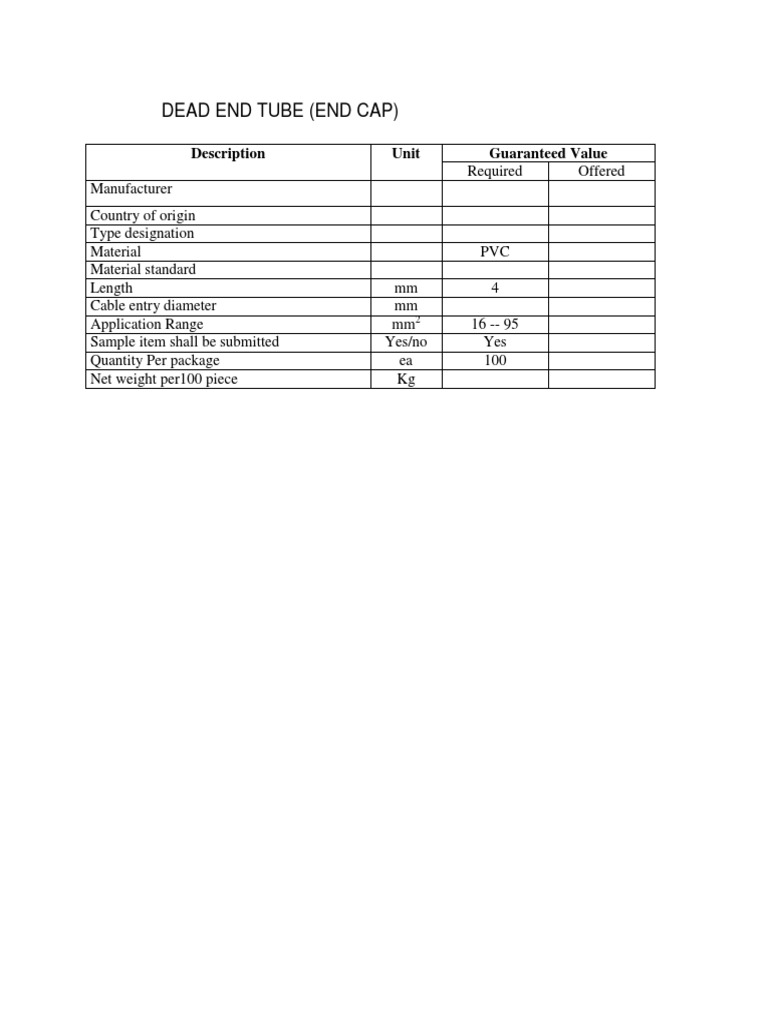 Dead End Tube (End Cap) : Description Unit Guaranteed Value | PDF