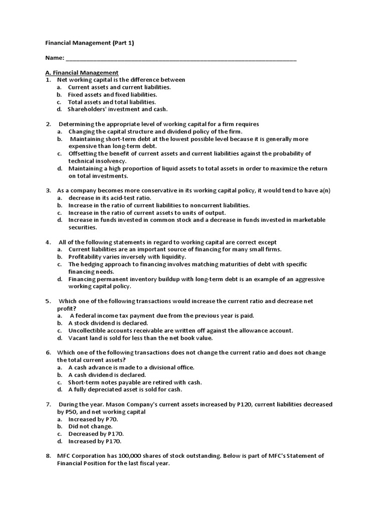 Financial Management - Part 1 For Printing | PDF | Working Capital ...