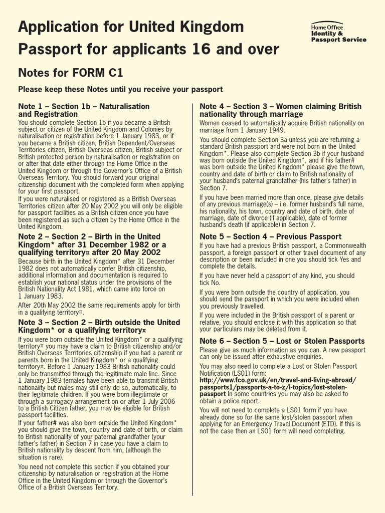 Application Instructions: Notes for Completing FORM C1 for a United ...