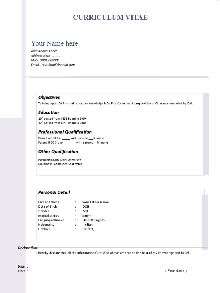 CV Format For Articleship | PDF
