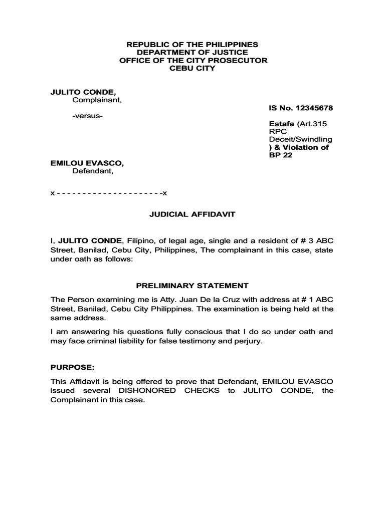 Judicial Affidavit | PDF | Perjury | Cheque