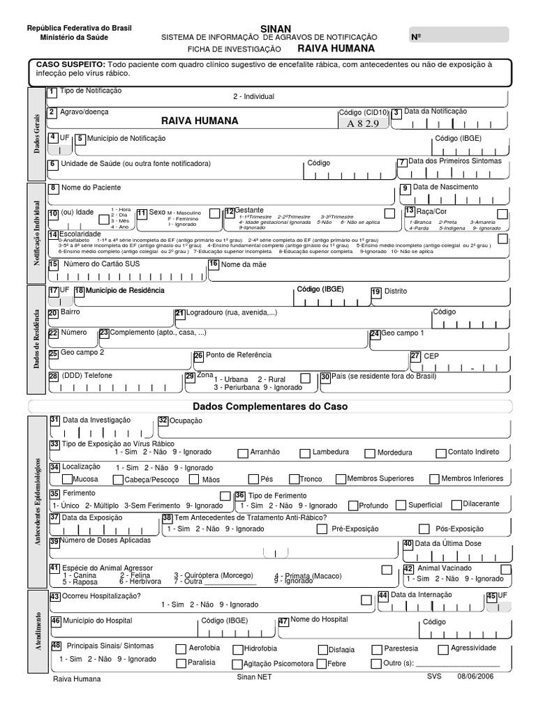 Ficha de Investigacao Raiva Humana (91 080310 SES MT) | PDF | Raiva ...