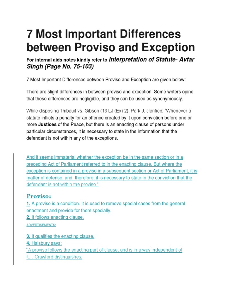 7 Most Important Differences Between Proviso and Exception | PDF ...