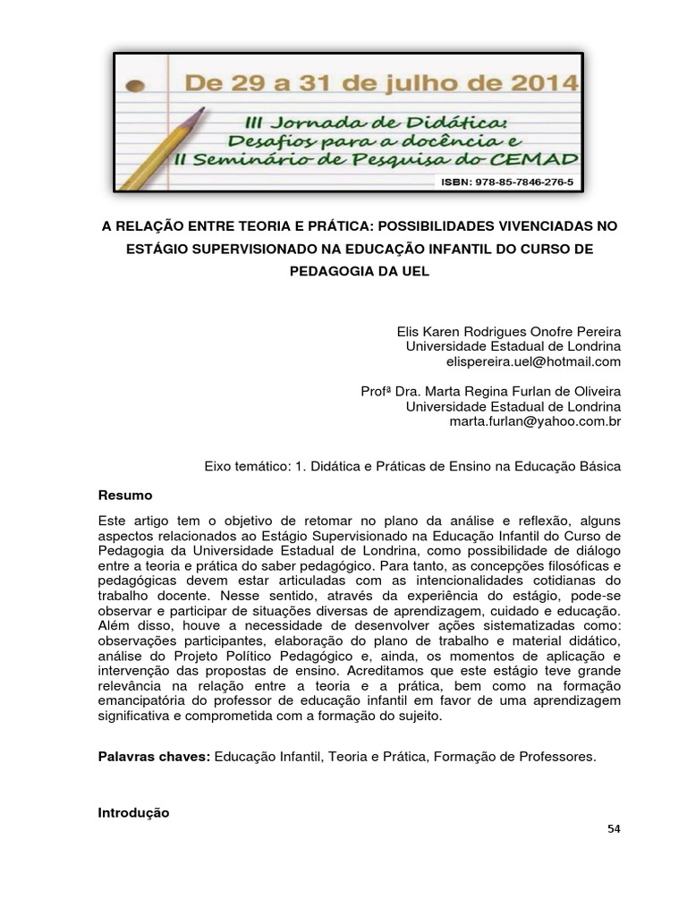 A Relacao Entre Teoria e Pratica Possibilidades Vivenciadas No PDF | PDF | Pedagogia | Pré-escola