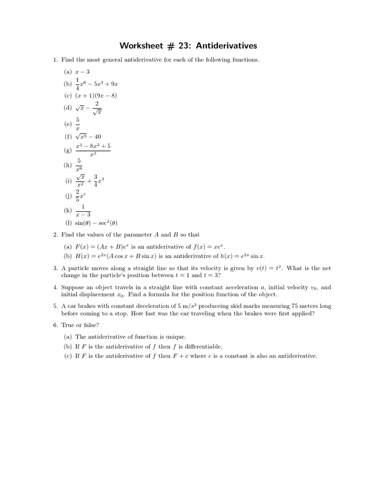 Worksheet # 23: Antiderivatives | PDF | Acceleration | Spacetime