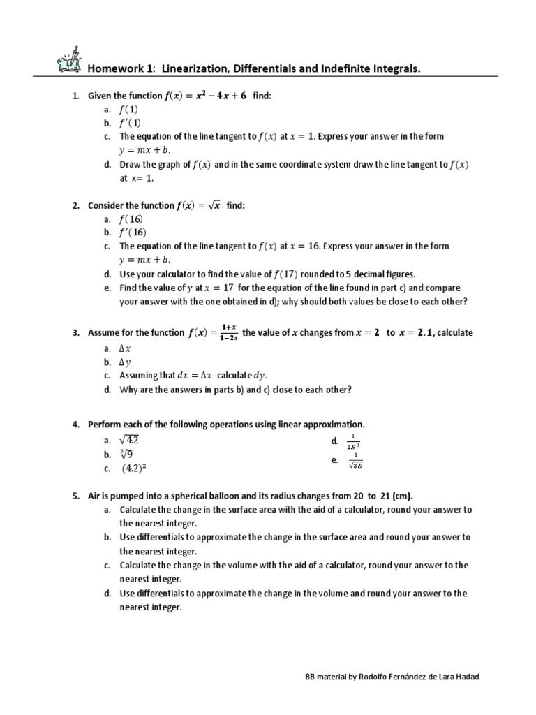 Homework 1: Linearization, Differentials and Indefinite Integrals | PDF ...