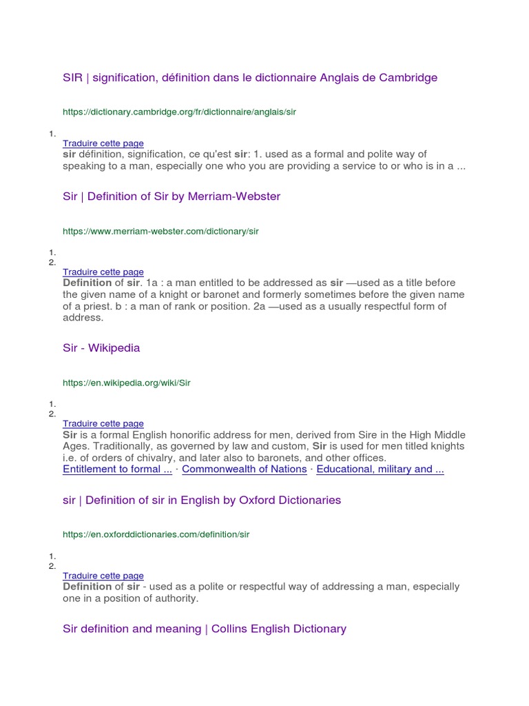 SIR - Signification, Définition Dans Le Dictionnaire Anglais de ...