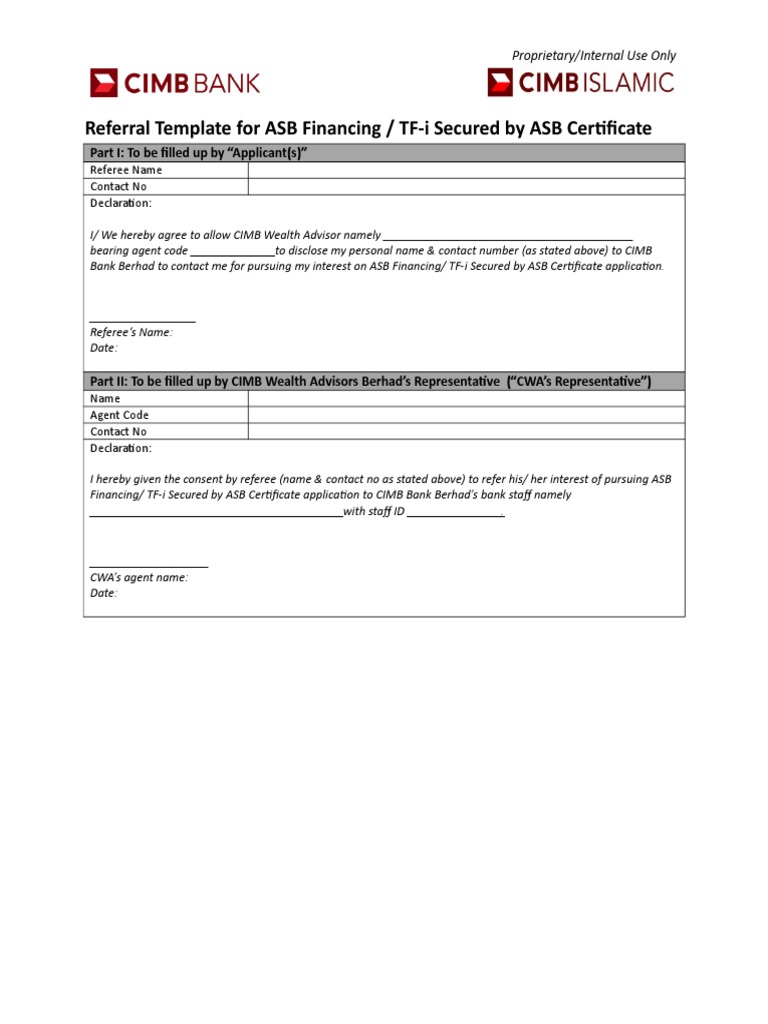 Referral Template For ASB Financing / TF-i Secured by ASB Certificate | PDF
