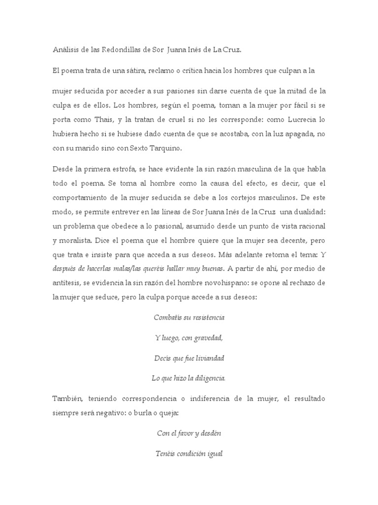 Análisis de las redondillas de Sor Juana Inés de la Cruz | PDF ...