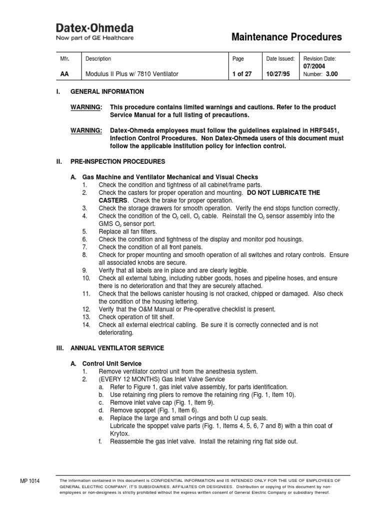 Datex Ohmeda Modulus II W 7810 Ventilator Maintenance Procedures | PDF ...
