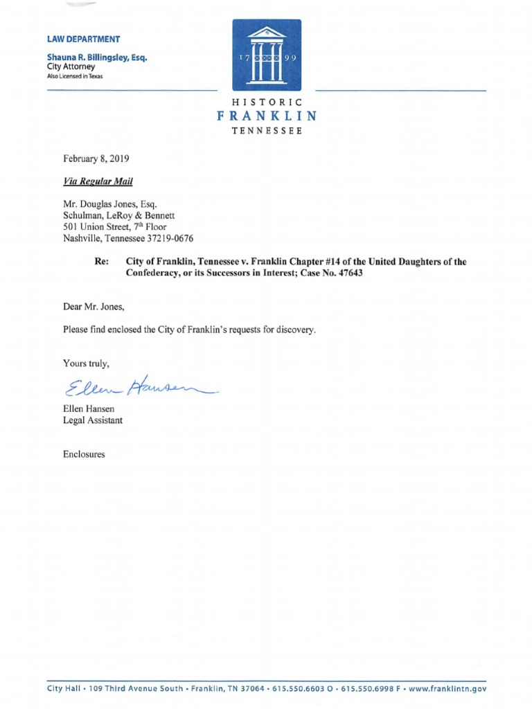 Discovery Packet Request Sent From The City of Franklin To The ...