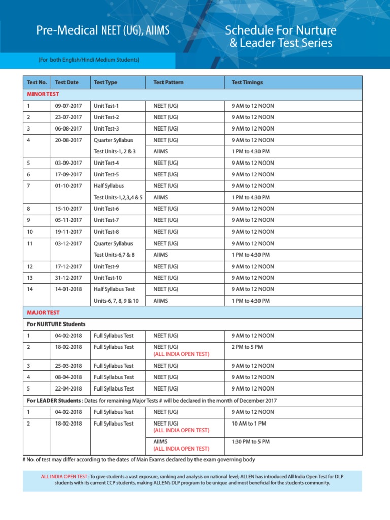 DLP Pre Medical Schedule 2017 18 | PDF | Schools | Evaluation Methods