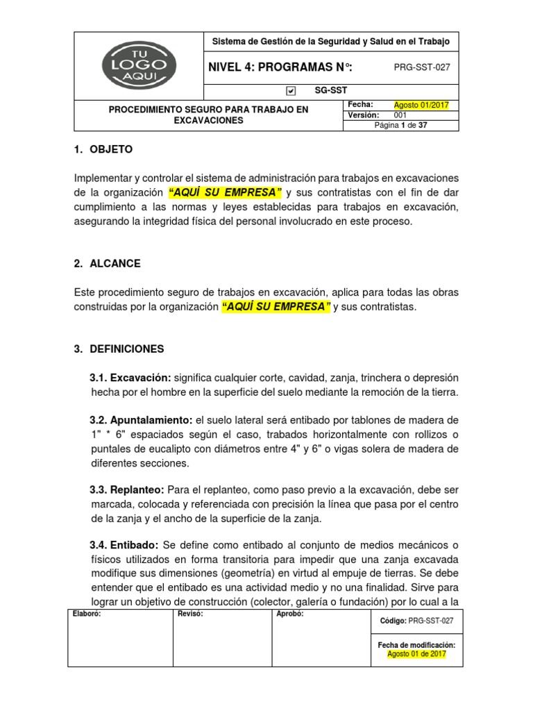 PRC-SST-027 Procedimiento Seguro para Trabajo en Excavaciones | PDF ...