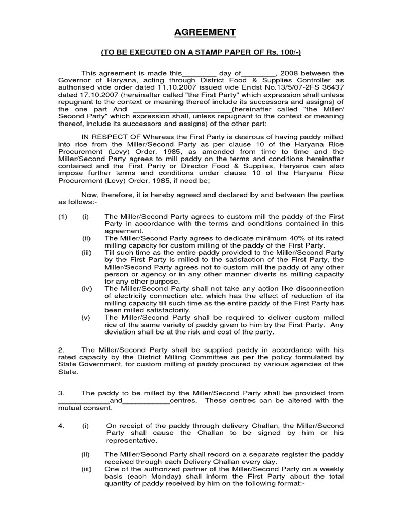 Agreement: (To Be Executed On A Stamp Paper of Rs. 100/-) | PDF ...
