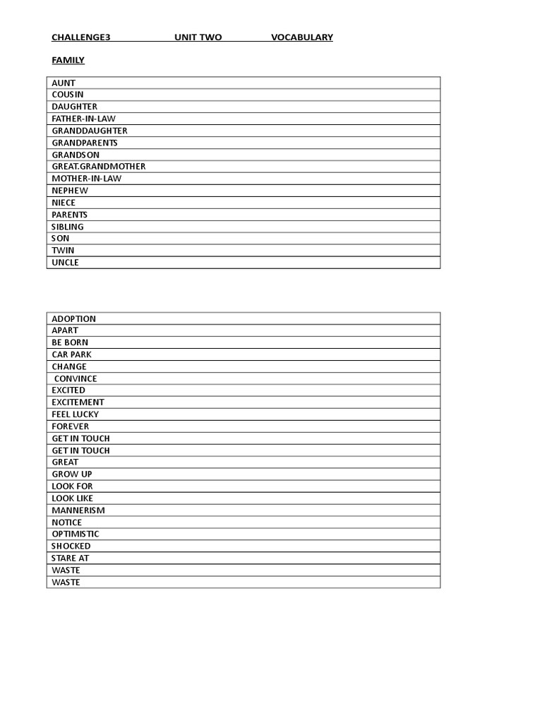 Challenge 3 Unit Two Vocabulary | PDF