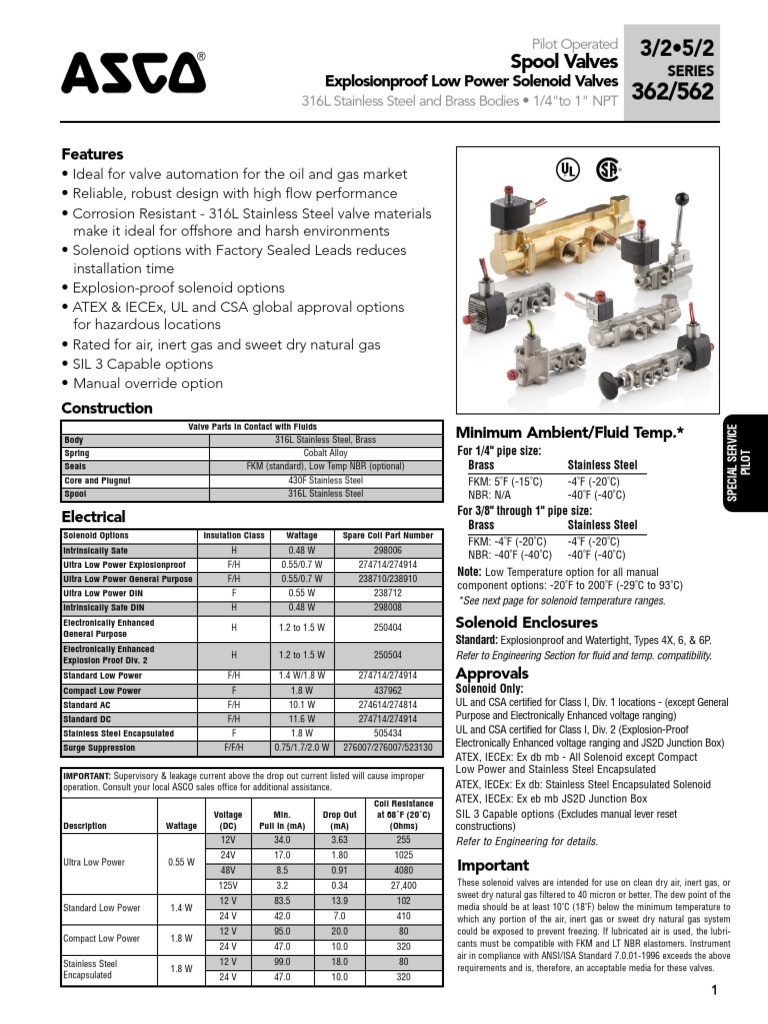 Asco 362 - 562 Series Solenoid Valves | PDF | Valve | Stainless Steel