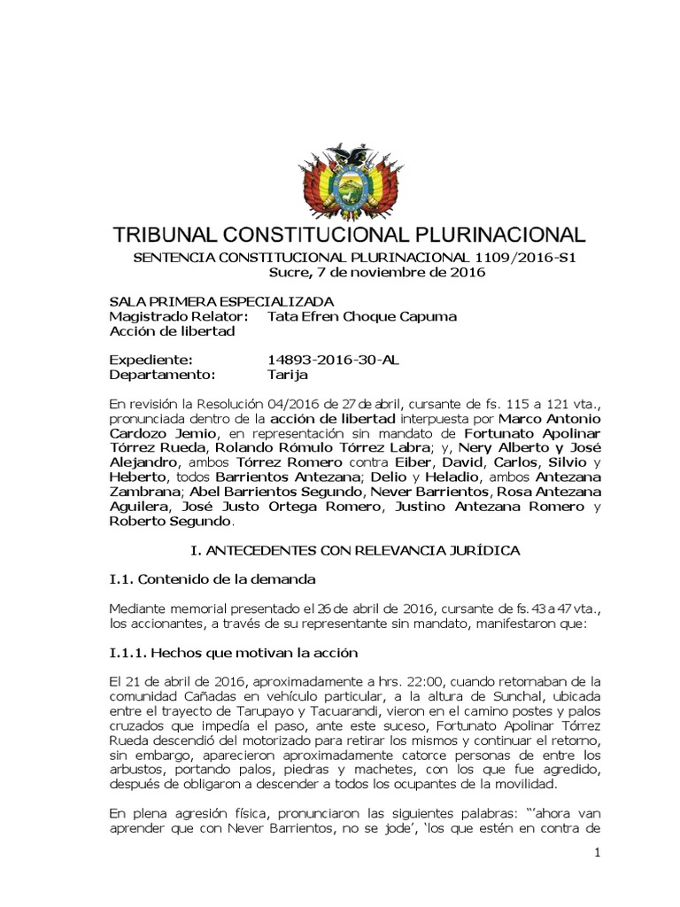 SCP 1109-2016-s1 Marco Antonio Cardozo Jemio - Derecho A La Vida e ...