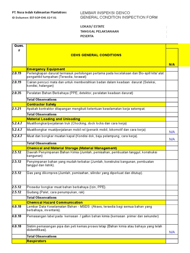 F0-Lembar Inspeksi GENCO - Rev | PDF