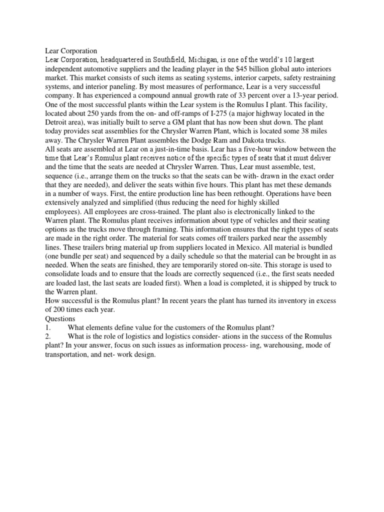 PA 2 Case Study - Lear Corporation | PDF | Logistics | Warehouse