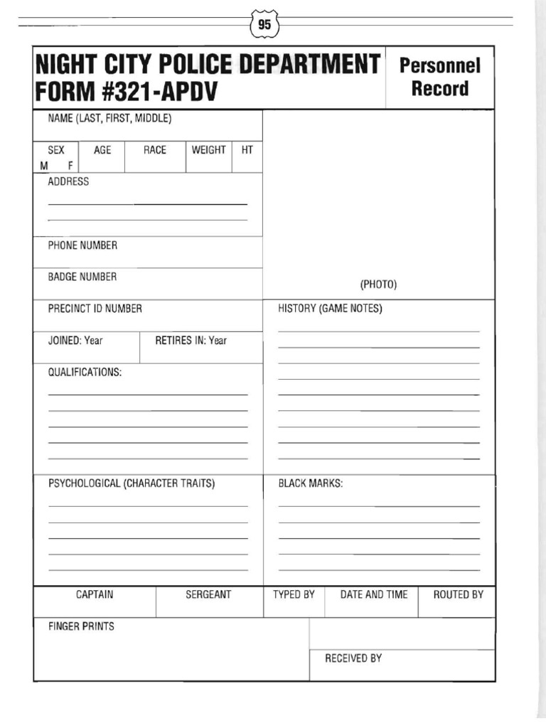Night City Police Personnel Record Template | PDF