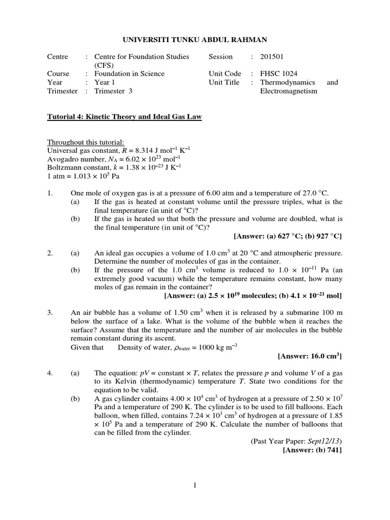 Tutorial 4 Kinetic Theory Ideal Gas Law | PDF | Gases | Temperature