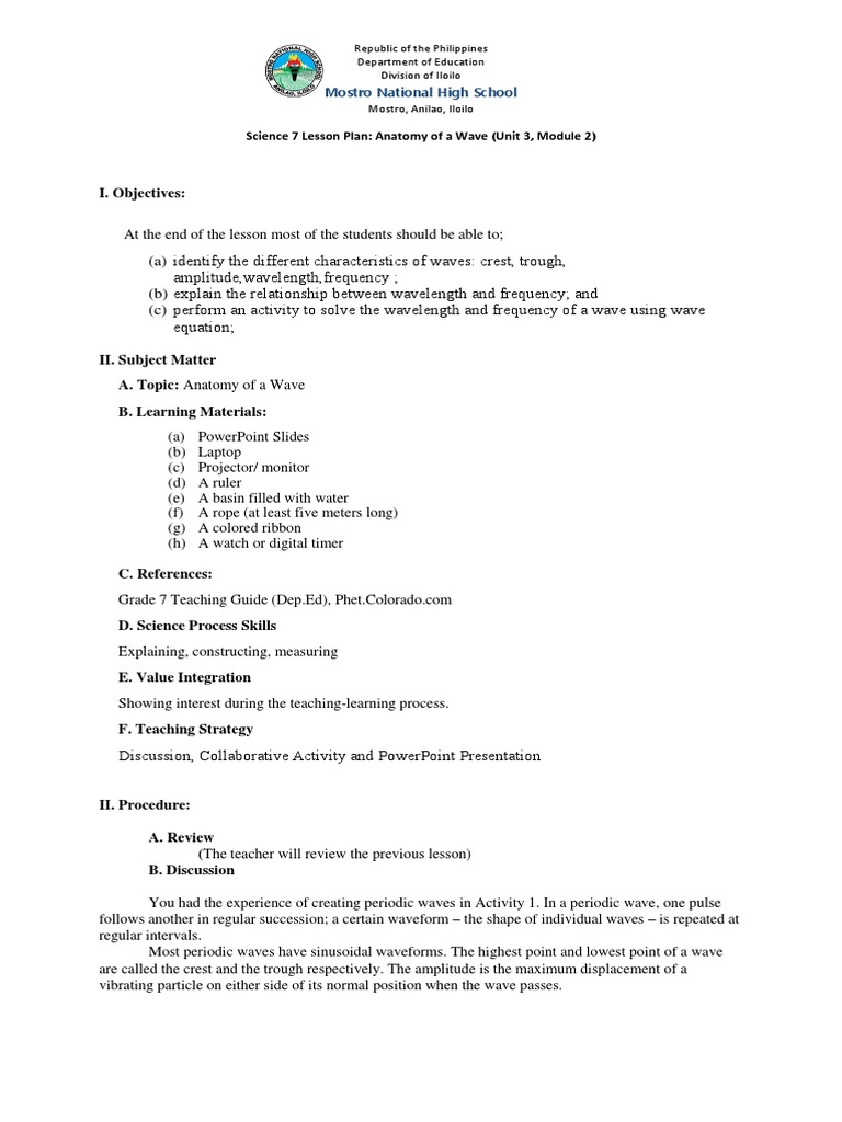 Grade 7 Waves Lesson Plan | PDF | Waves | Frequency