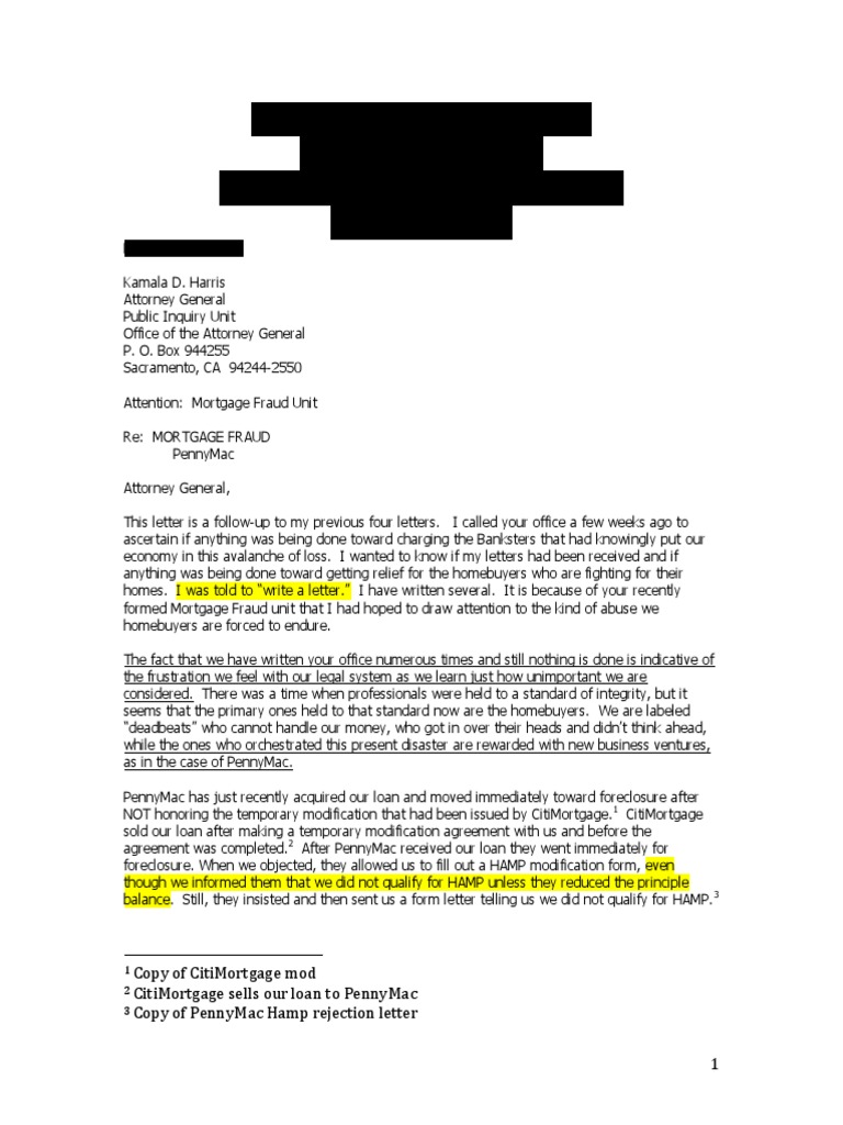 Letter To Attorney General PennyMac Mod | PDF | Foreclosure | Justice