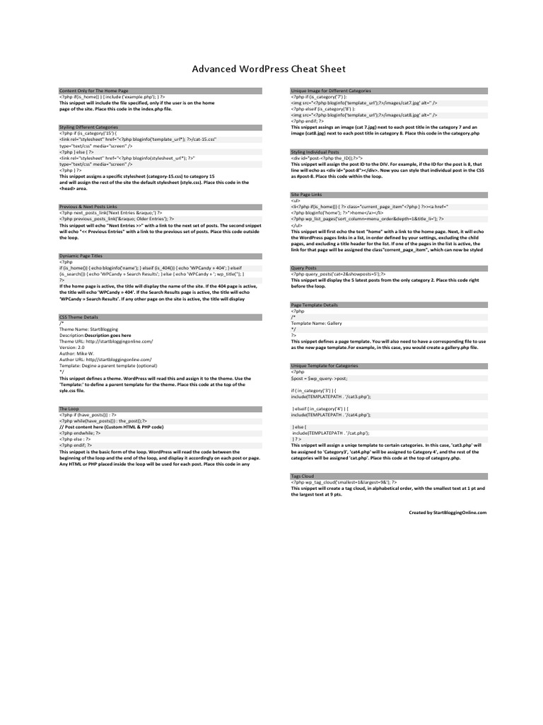 Advanced Wordpress Cheat Sheet Sheet1 | PDF | Cascading Style Sheets | Word Press