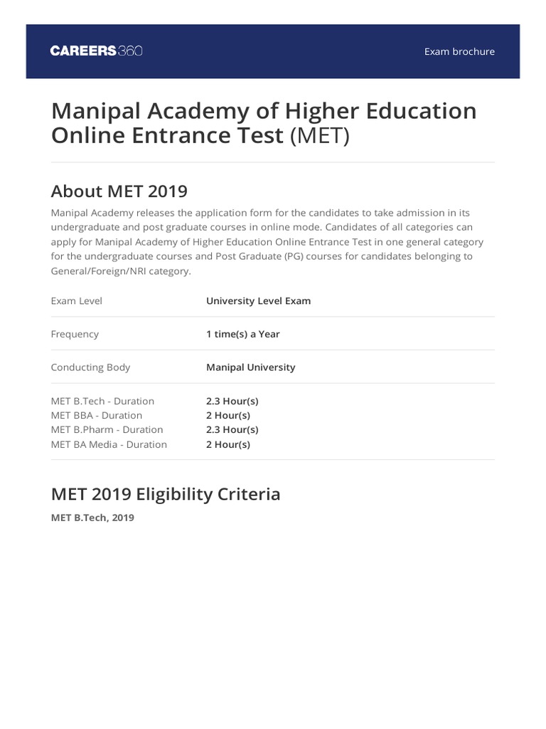 Manipal MET 2019 Exam Guide | PDF | Test (Assessment) | Identity Document