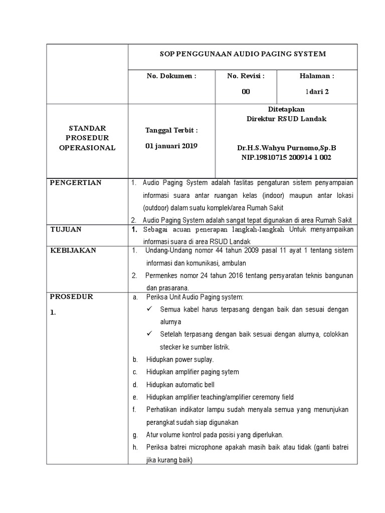 SOP Penggunaan Audio Paging System | PDF | Teknologi & Rekayasa