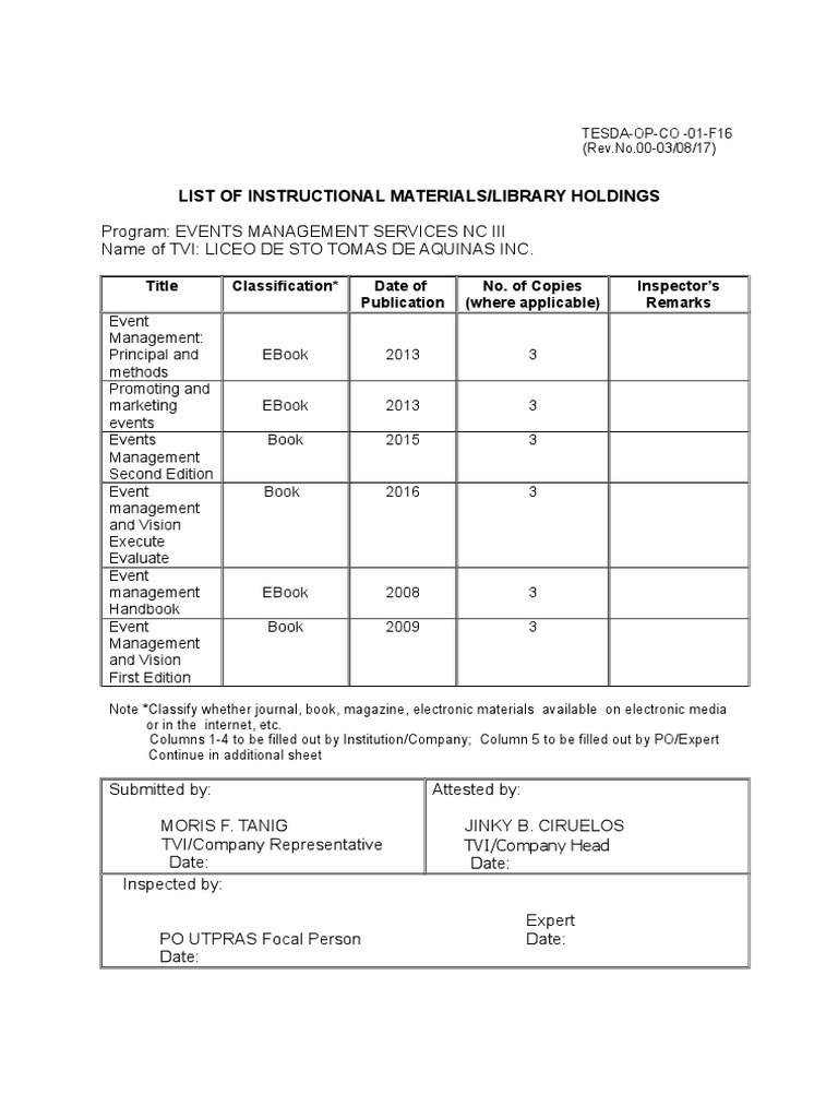 Instructional Materials for Events Management | PDF