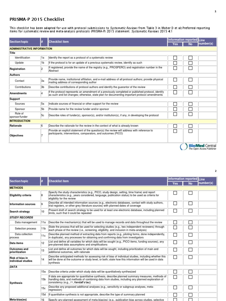 PRISMA-P 2015 Checklist for Protocols | PDF | Systematic Review | Meta ...