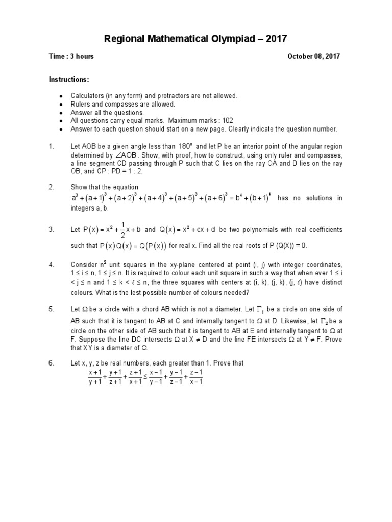 Regional Mathematical Olympiad - 2017: Time: 3 Hours October 08, 2017 ...