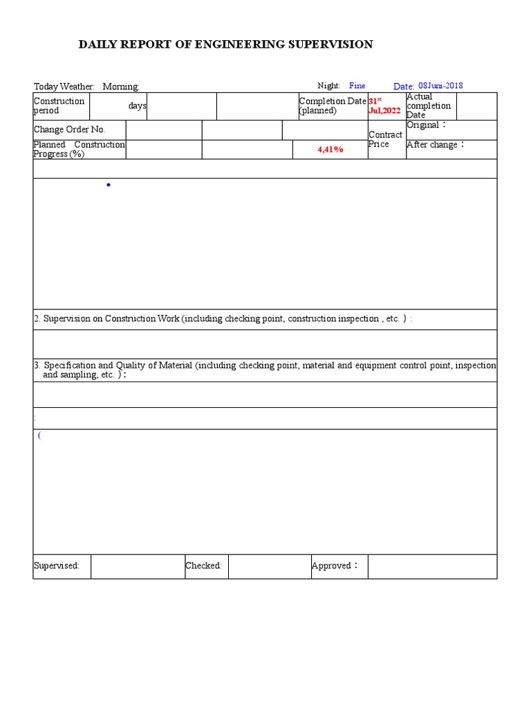 Daily Report of Engineering Supervision: Date | PDF | Technology ...
