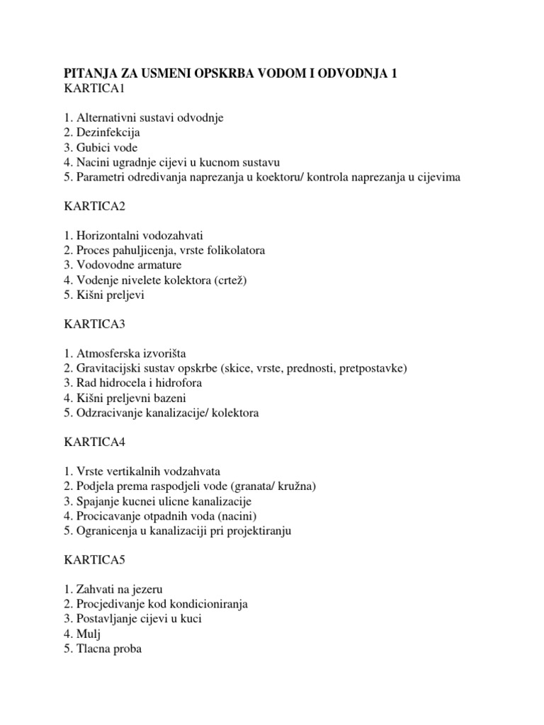 Pitanja Za Usmeni OPSKRBA VODOM I ODVODNJA 1-GFOS | PDF