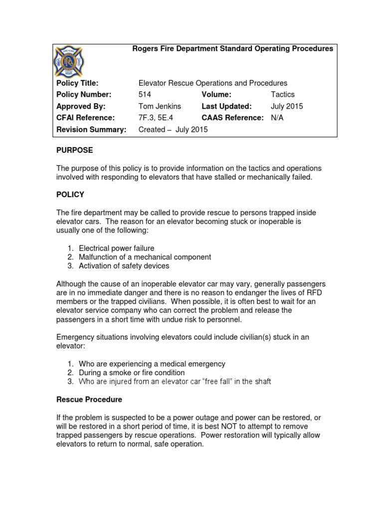 SOP 514 - Elevator Rescue Operations | PDF | Elevator | Switch