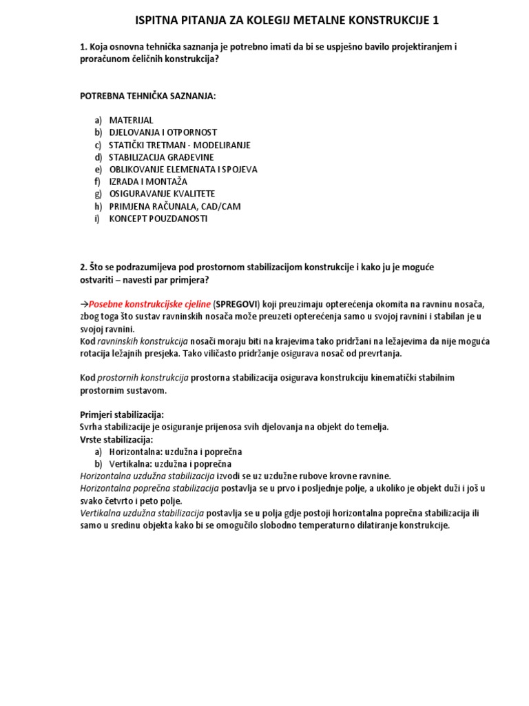 Metalne Konstrukcije 1-Pitanja I Odgovori-GFOS | PDF