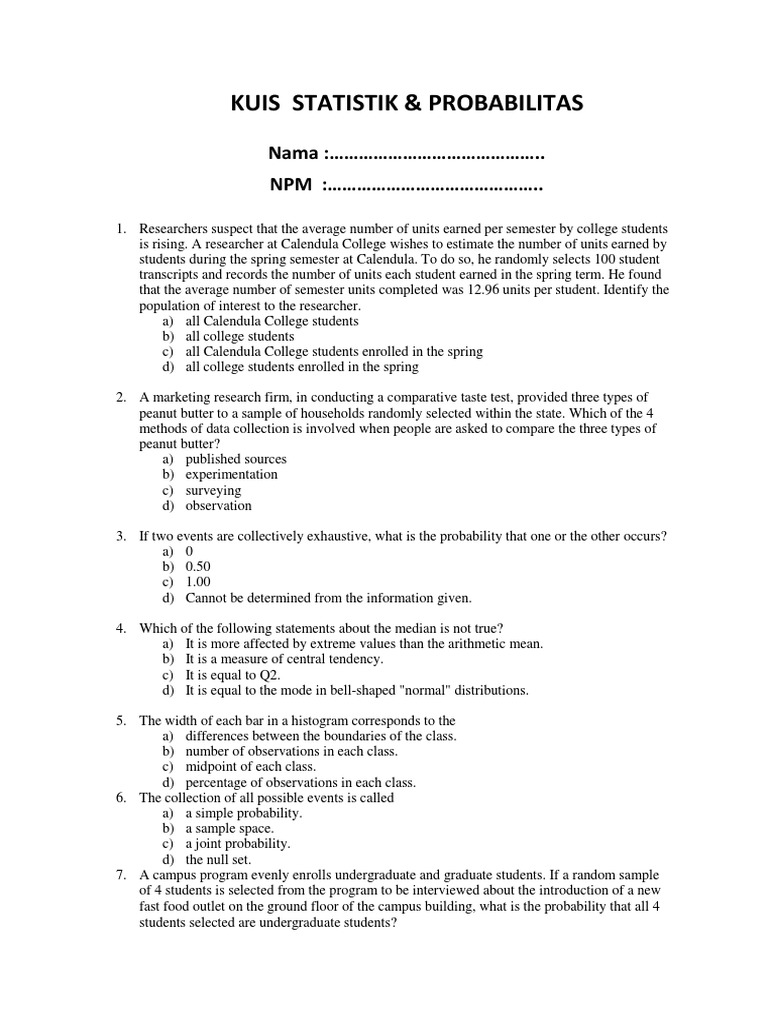 Contoh Soal KUIS PDF | PDF | Probability Distribution | Mode (Statistics)