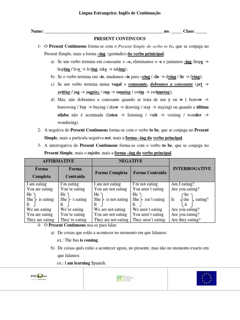 Ficha Present Continuous Ps Vs PC | PDF | Semantics | Linguistic Typology