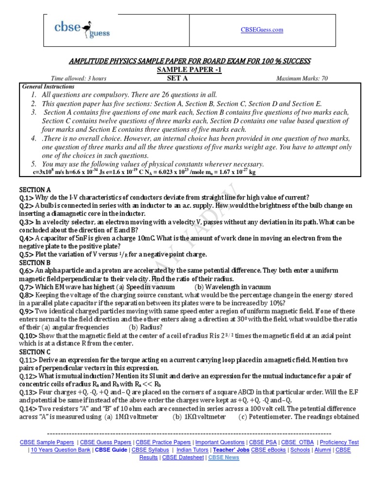 CBSE Physics Sample Paper Title | PDF | Inductance | Inductor
