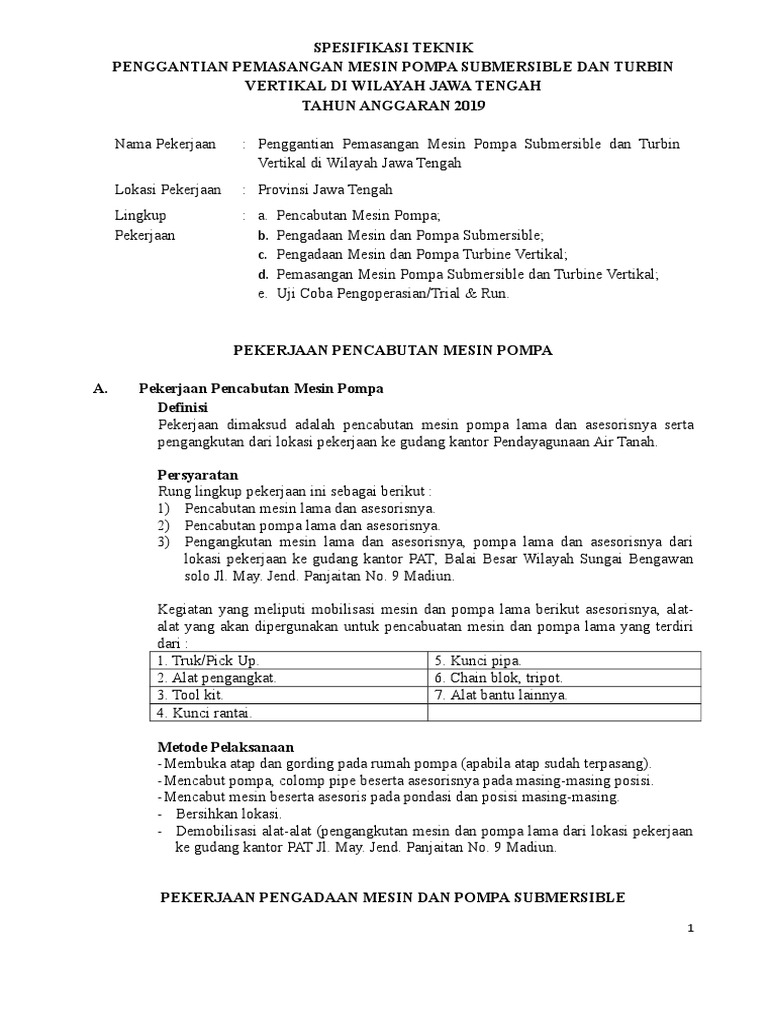 SPEKTEK Penggantian Mesin Pompa 2019 | PDF