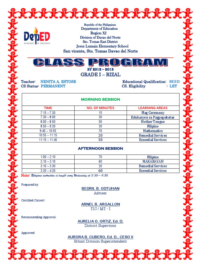 Grade II Class Schedule for Durian Section at Esperanza Elementary ...