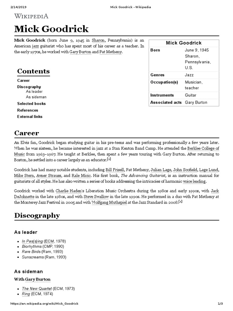Mick Goodrick - Wikipedia | PDF | Jazz Musicians | American Styles Of Music