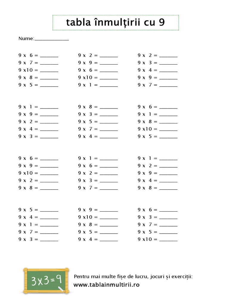 Fise de Lucru Cu Tabla Inmultirii Cu 9 Ws4 | PDF