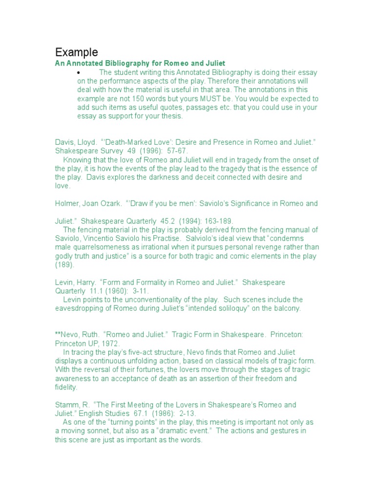 Annotated Bibliography: Romeo and Juliet | PDF