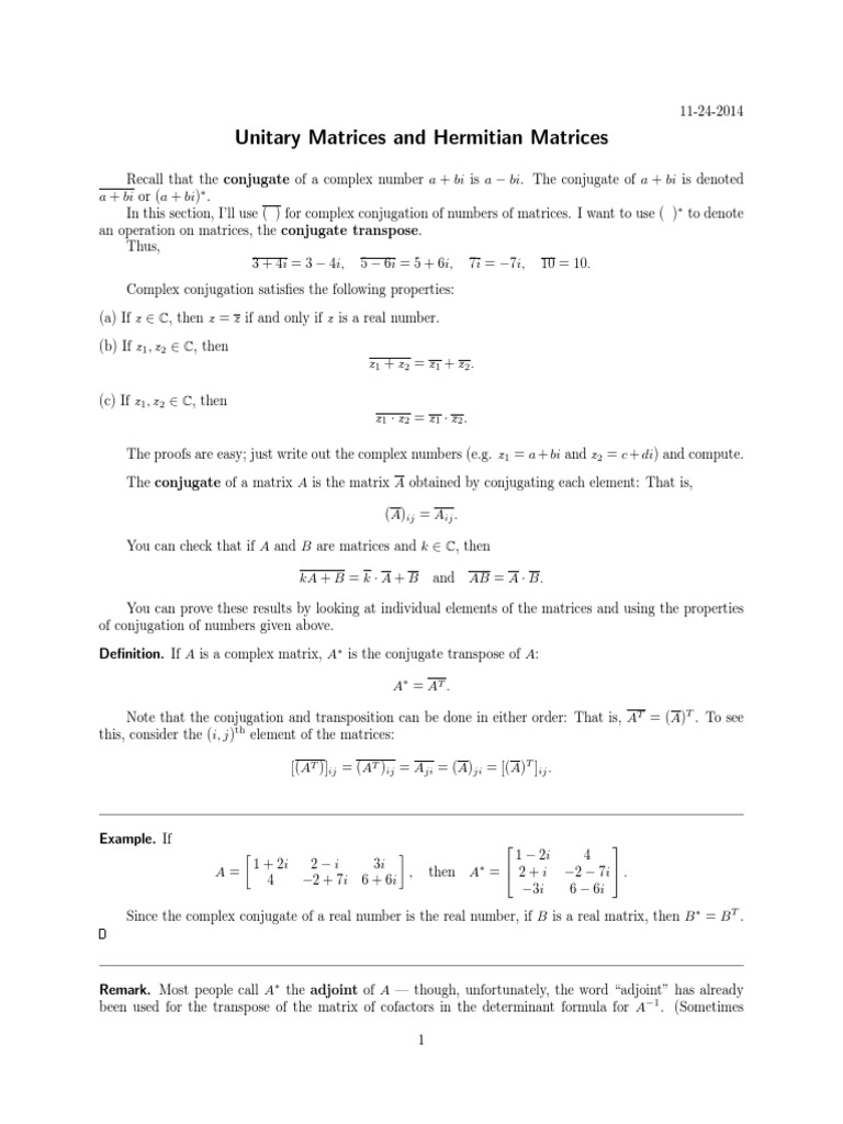 Unitary And Hermitian Matrices Pdf Eigenvalues And Eigenvectors Matrix Mathematics