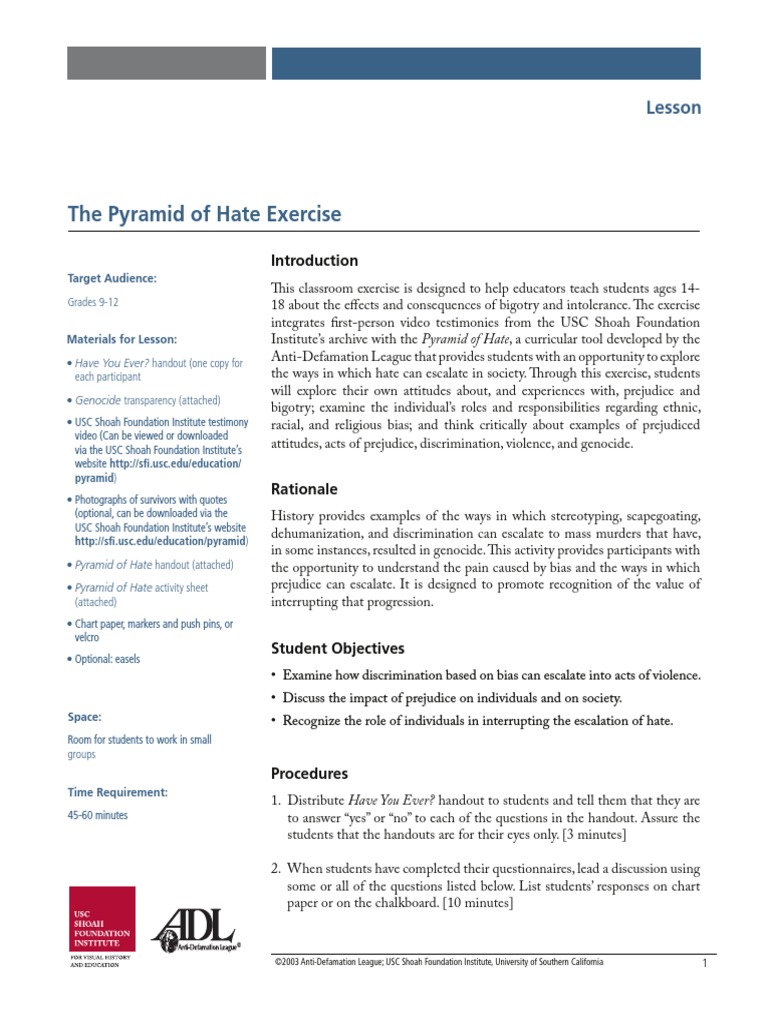 The Pyramid of Hate Exercise: Lesson | PDF | Prejudices | Anti ...