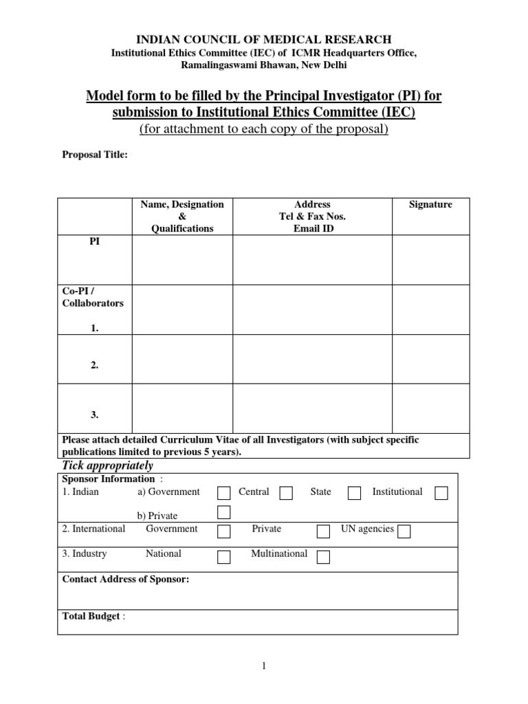 Model Form To Be Filled by The Principal Investigator (PI) For ...